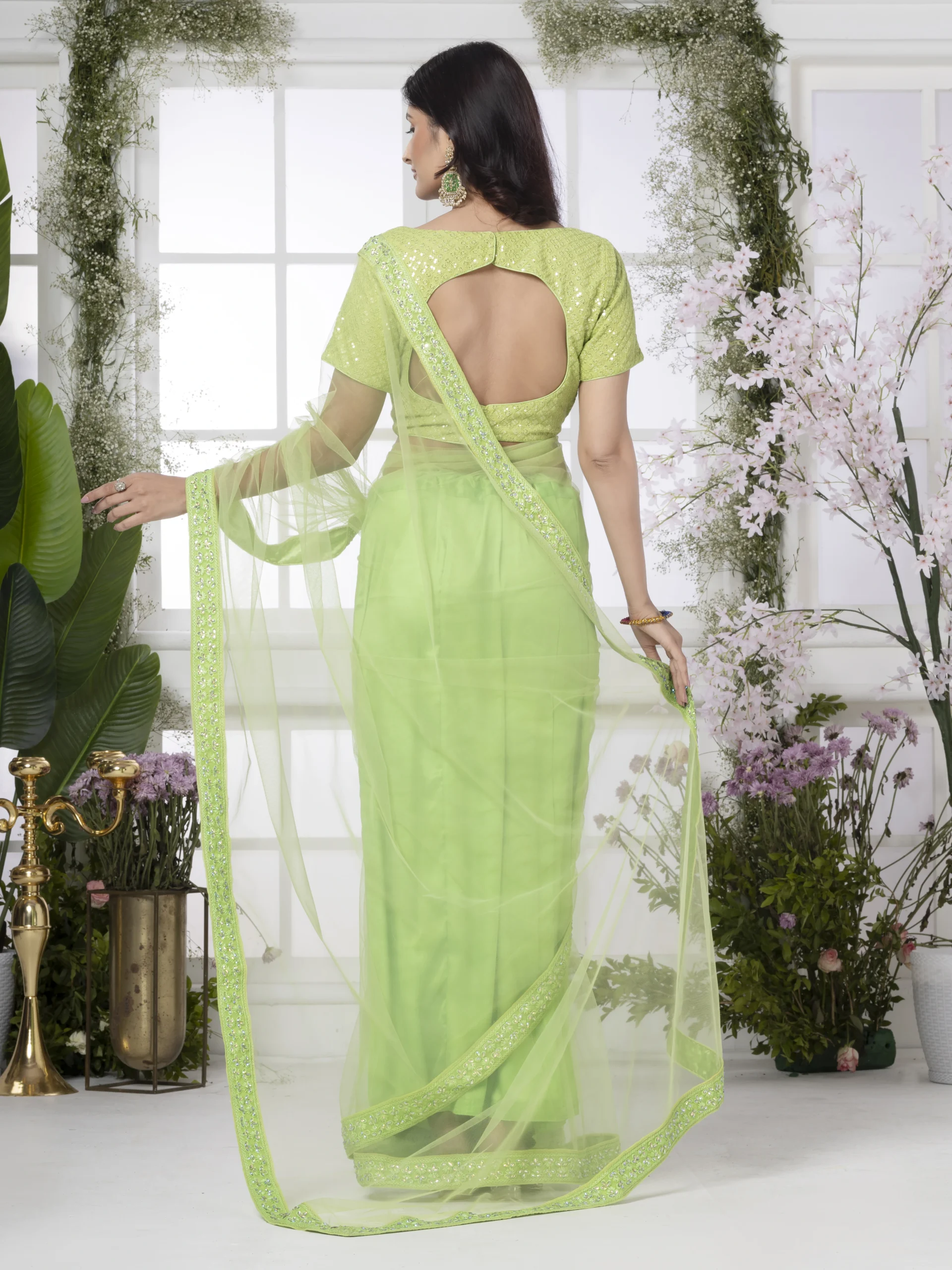 Parrot Green Net Saree With Mirror Border - LUKSE